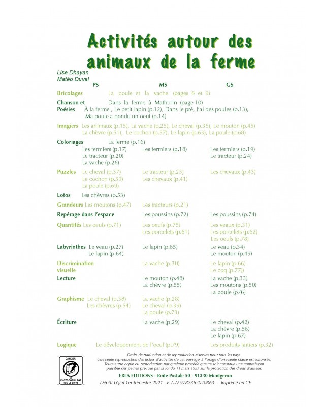 Activités autour des animaux de la ferme 3/6 ans